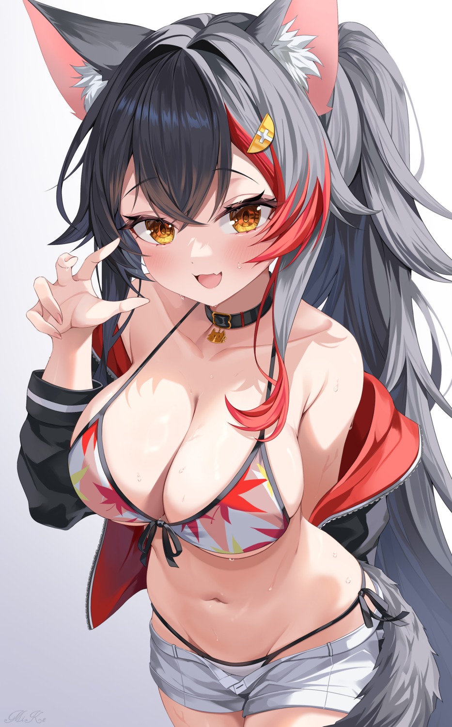 mi ke0224 hololive hololive gamers ookami mio animal ears bikini open shirt swimsuits tail wet ...